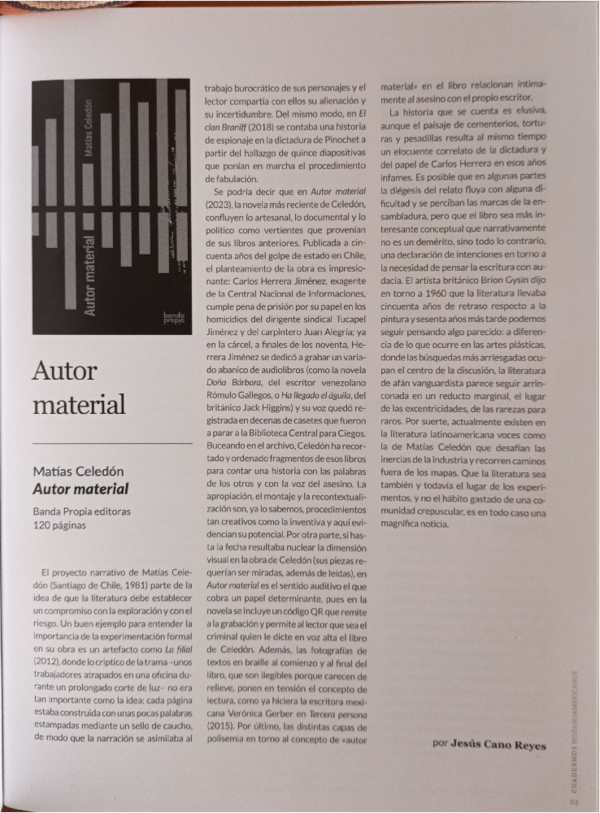 (PDF) Reseña "Autor Material" de Matías Celedón