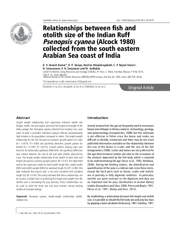 (PDF) Relationships between fish and otolith size of the Indian Ruff ...