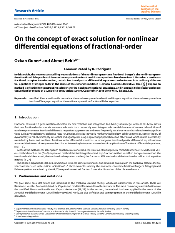 Pdf On The Concept Of Exact Solution For Nonlinear Differential Equations Of Fractional Order