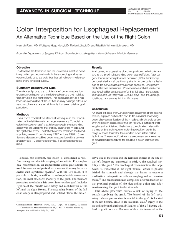 (PDF) Colon Interposition for Esophageal Replacement