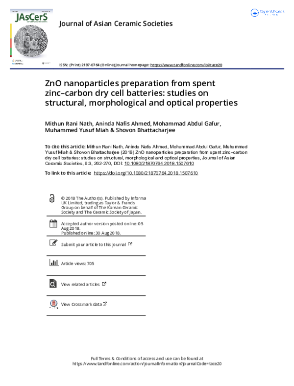 (PDF) ZnO nanoparticles preparation from spent zinc–carbon dry cell batteries: studies on ...
