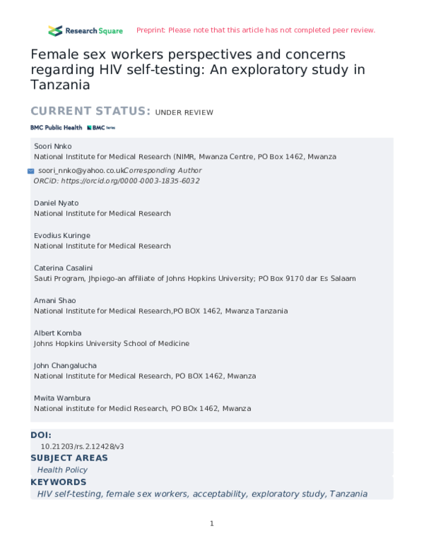 Pdf Female Sex Workers Perspectives And Concerns Regarding Hiv Self Testing An Exploratory