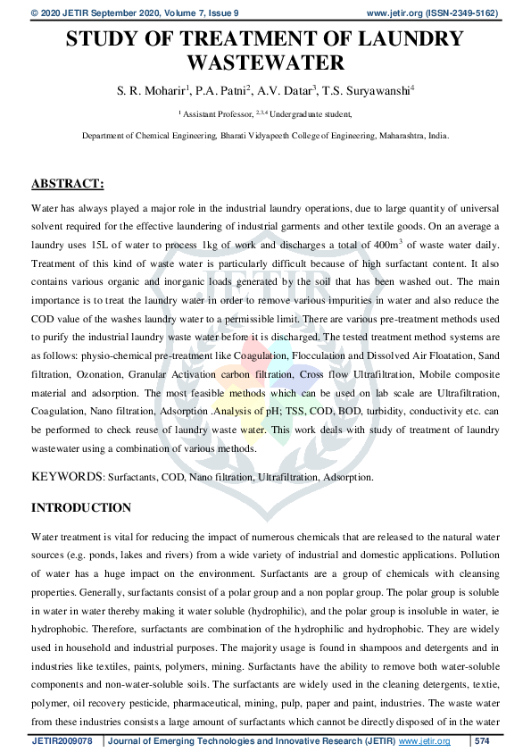 (PDF) Study of Treatment of Laundry Wastewater