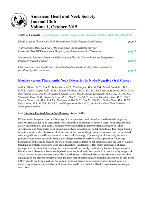 (PDF) Elective versus Therapeutic Neck Dissection in Node-Negative Oral ...