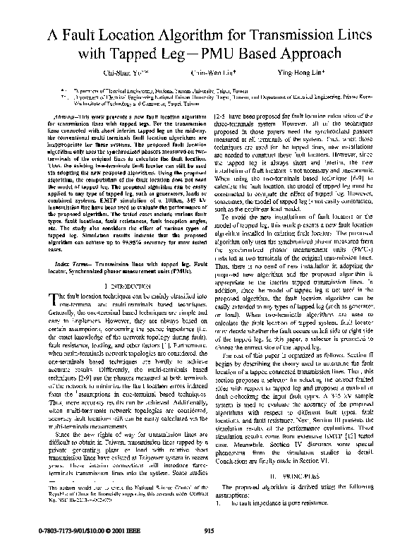 Pdf A Fault Location Algorithm For Transmission Lines With Tapped Leg Pmu Based Approach Chi 