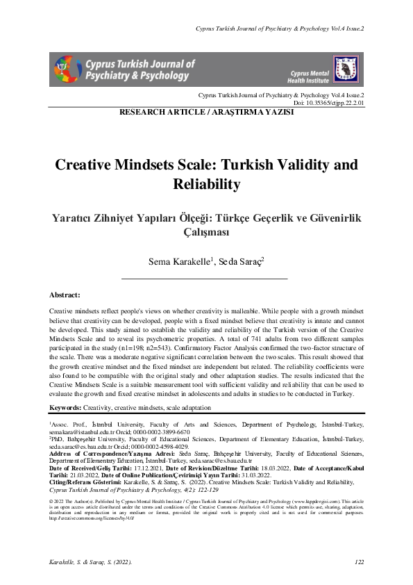 (PDF) Creative Mindsets Scale: Turkish Validity and Reliability