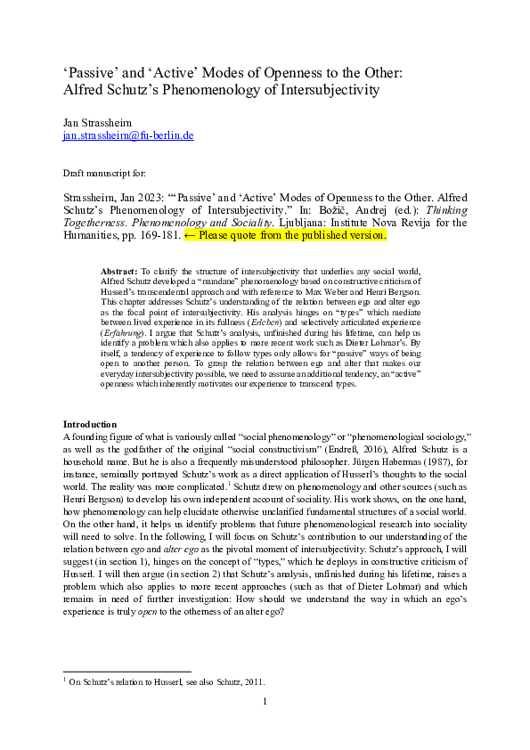 (PDF) 'Passive' and 'Active' Modes of Openness to the Other: Alfred ...
