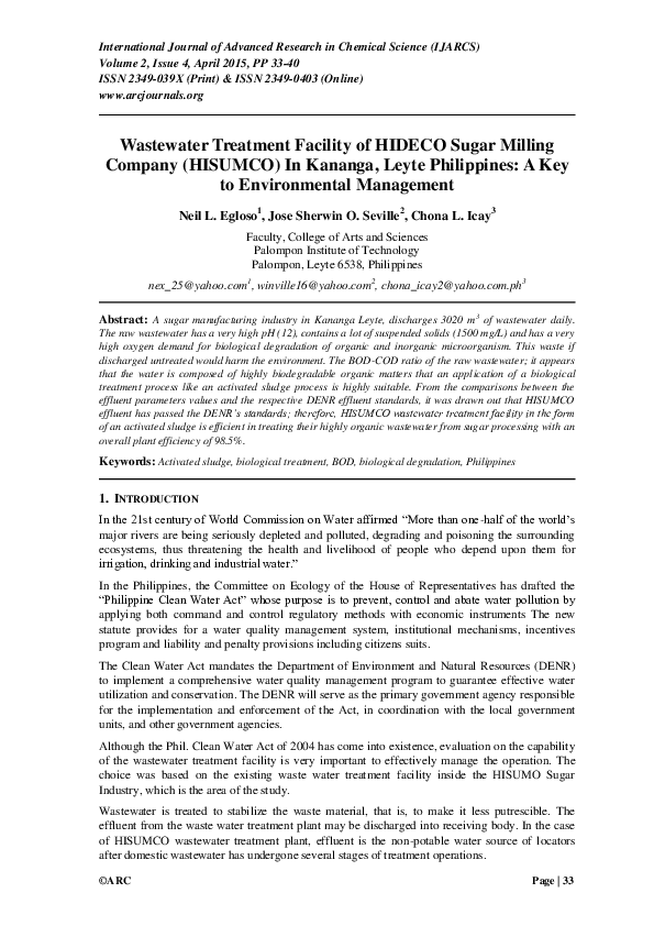 (PDF) Wastewater Treatment Facility of HIDECO Sugar Milling Company ...