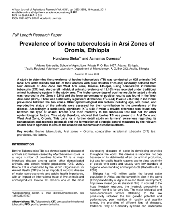 (PDF) Prevalence of bovine tuberculosis in Arsi Zones of Oromia, Ethiopia