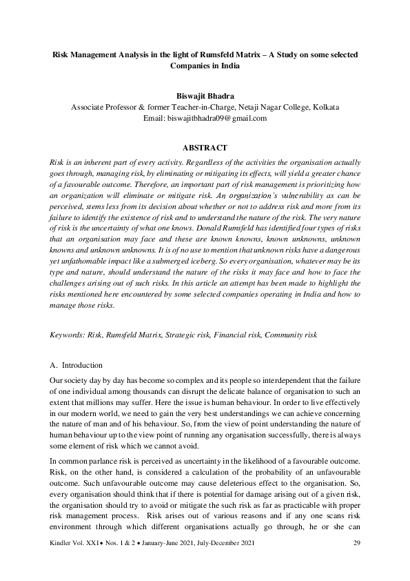 (PDF) Risk Management Analysis in the light of Rumsfeld Matrix – A ...