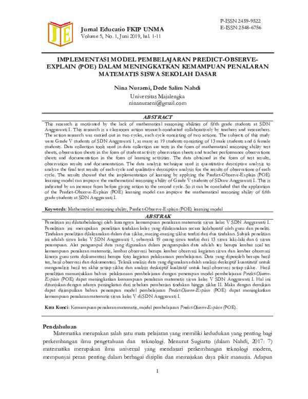(PDF) Implementasi Model Pembelajaran Predict-Observe-Explain (Poe) Dalam Meningkatkan Kemampuan ...