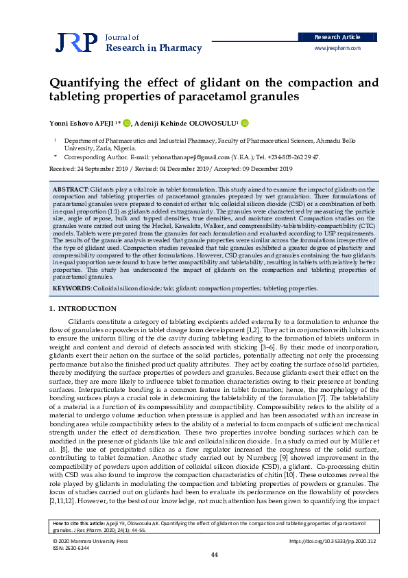 (PDF) Quantifying the effect of glidant on the compaction and tableting ...