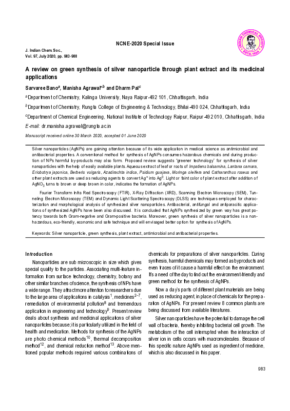 (PDF) A review on green synthesis of silver nanoparticle through plant extract and its medicinal ...