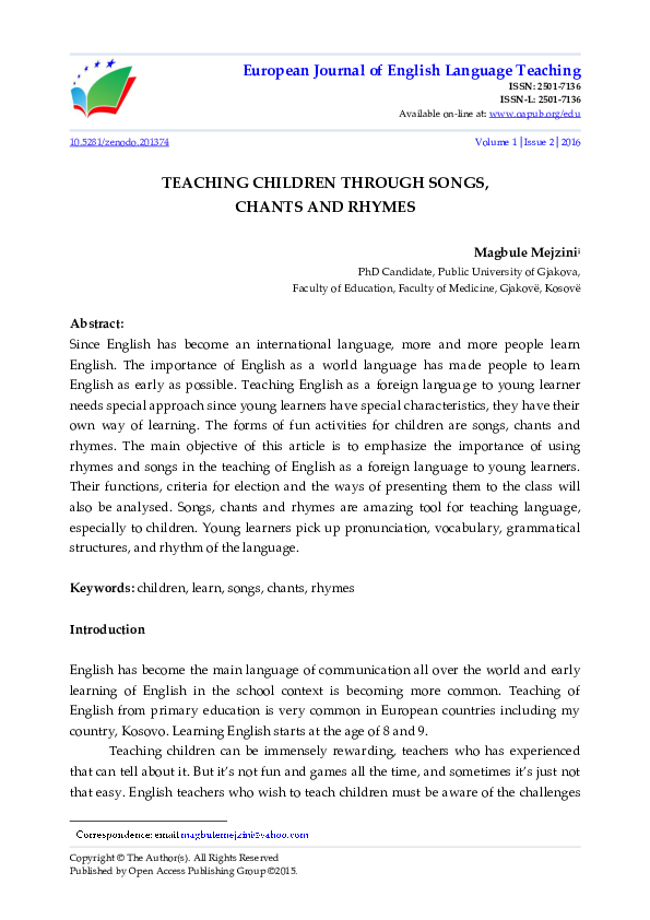 (PDF) Teaching Children Through Songs, Chants and Rhymes