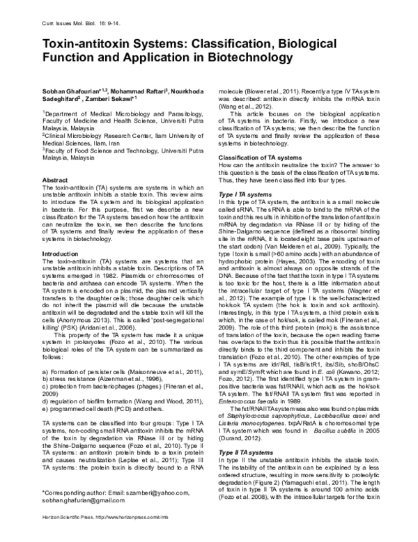 (PDF) Toxin-antitoxin Systems: Classification, Biological Function and ...