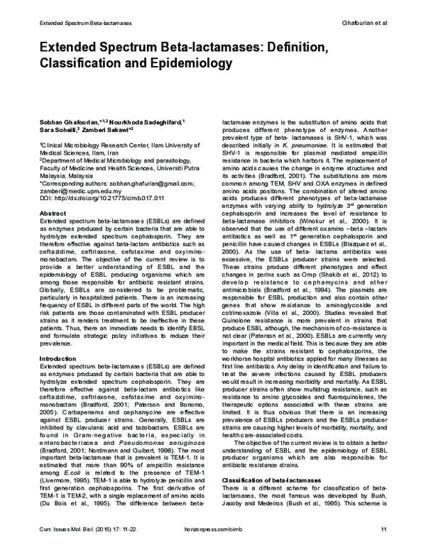 (PDF) Extended Spectrum Beta-lactamases: Definition, Classification and ...