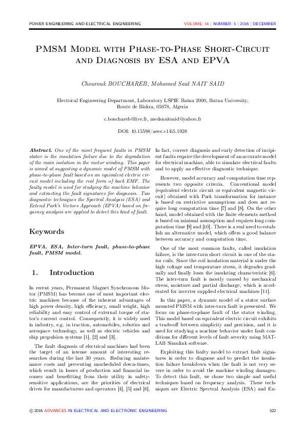 (PDF) PMSM Model with Phase-to-Phase Short-Circuit and Diagnosis by ESA ...