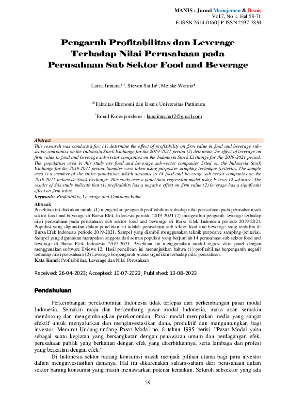 (PDF) Pengaruh Profitabilitas Dan Leverage Terhadap Nilai Perusahaan Pada Perusahaan Sub Sektor ...