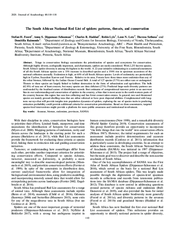 (PDF) The South African National Red List of spiders: patterns, threats ...