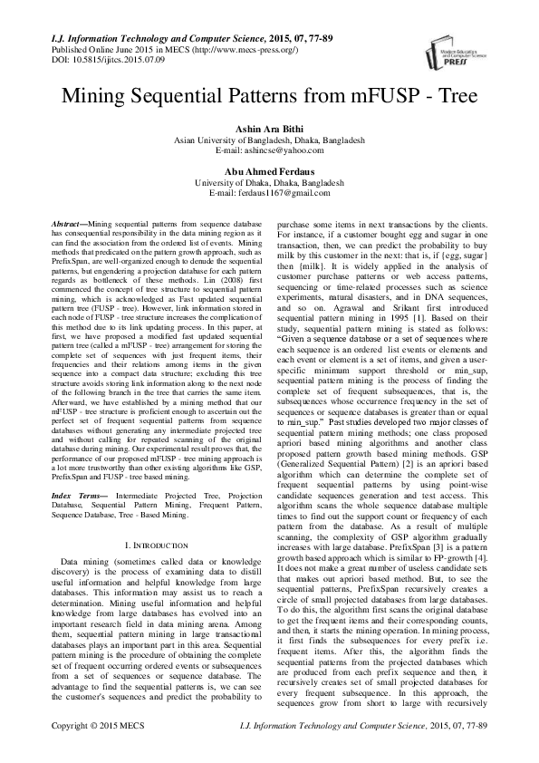 (PDF) Mining Sequential Patterns from mFUSP - Tree | Abu Ahmed Ferdaus - Academia.edu