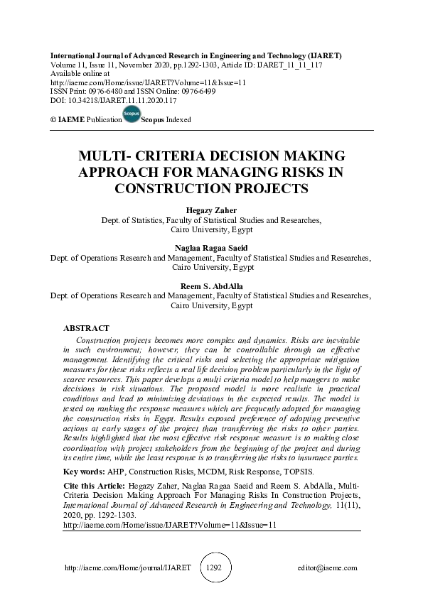 (PDF) MULTI-CRITERIA DECISION MAKING APPROACH FOR MANAGING RISKS IN CONSTRUCTION PROJECTS