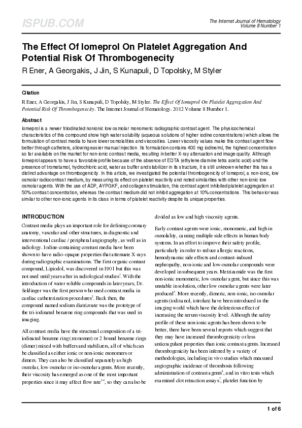 (PDF) The Effect Of Iomeprol On Platelet Aggregation And Potential Risk ...