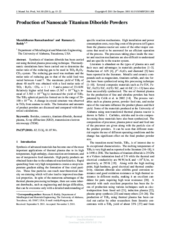 (PDF) Production of Nanoscale Titanium Diboride Powders