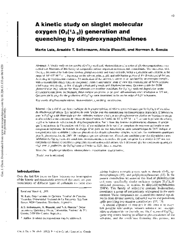(PDF) Kinetic Study of Singlet Oxygen Quenching by Dihydroxynaphthalenes