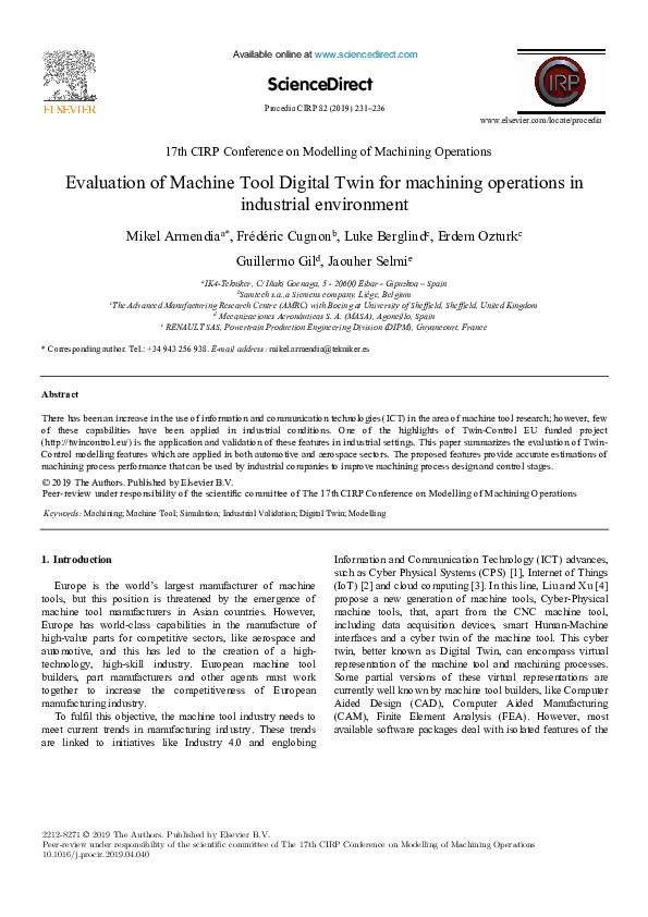 (PDF) Evaluation of Machine Tool Digital Twin for machining operations ...