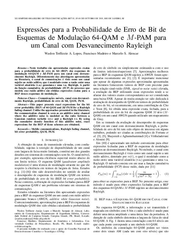(PDF) Expressões para a Probabilidade de Erro de Bit de Esquemas de ...