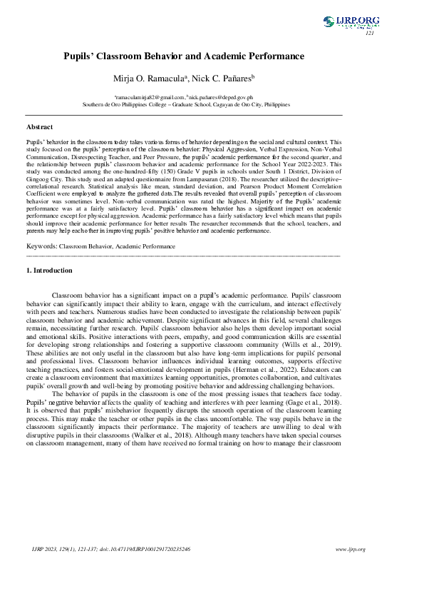 (PDF) Pupils’ Classroom Behavior and Academic Performance