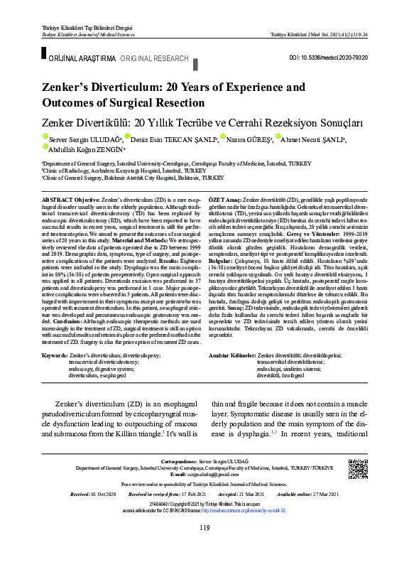 (PDF) Zenker's Diverticulum: 20 Years of Experience and Outcomes of ...