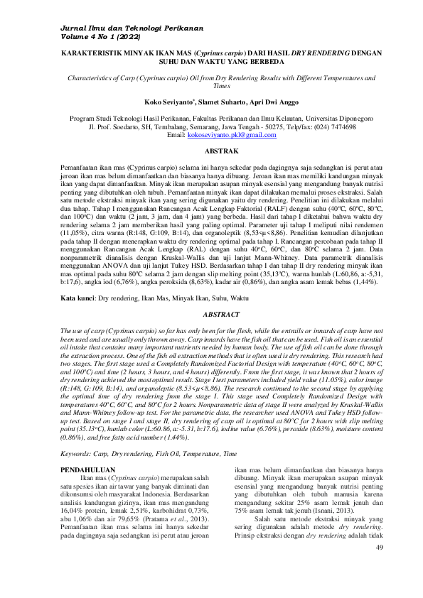 (PDF) KARAKTERISTIK MINYAK IKAN MAS (Cyprinus carpio) DARI HASIL DRY ...