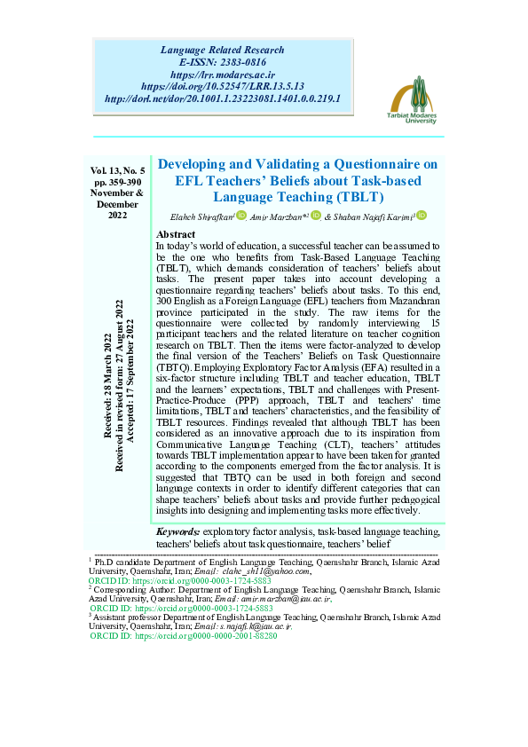 (PDF) Developing and Validating a Questionnaire on EFL Teachers’ Beliefs about Task-based ...