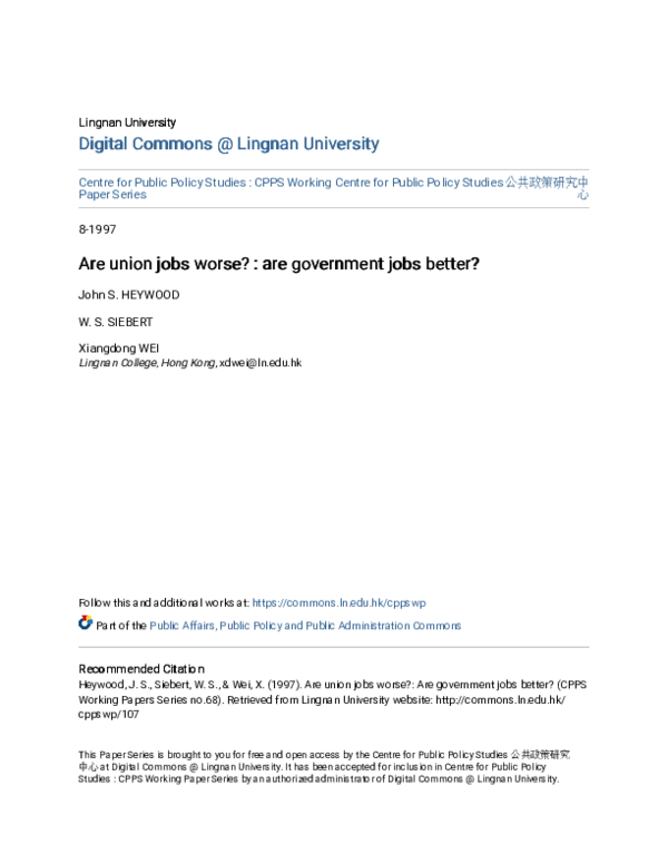(PDF) Are Union Jobs Worse?: Are Government Jobs Better?