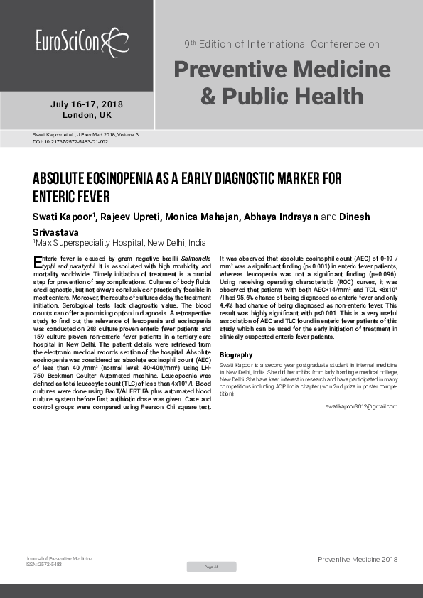 (PDF) Absolute eosinopenia as a early diagnostic marker for enteric fever
