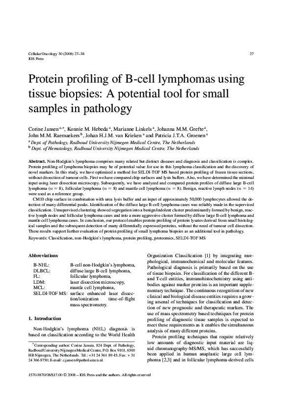 (PDF) Protein Profiling of B-Cell Lymphomas Using Tissue Biopsies: A ...