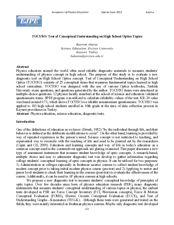 (PDF) TOCUSO: Test of Conceptual Understanding on High School Optics