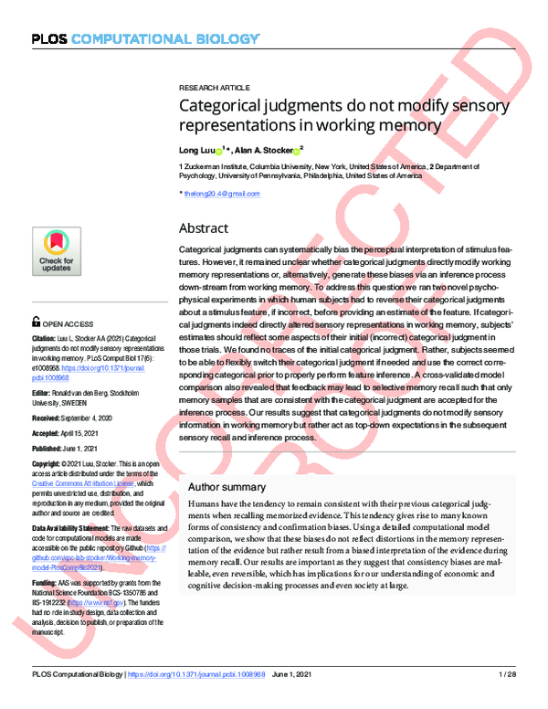(PDF) Categorical judgments do not modify sensory representations in working memory