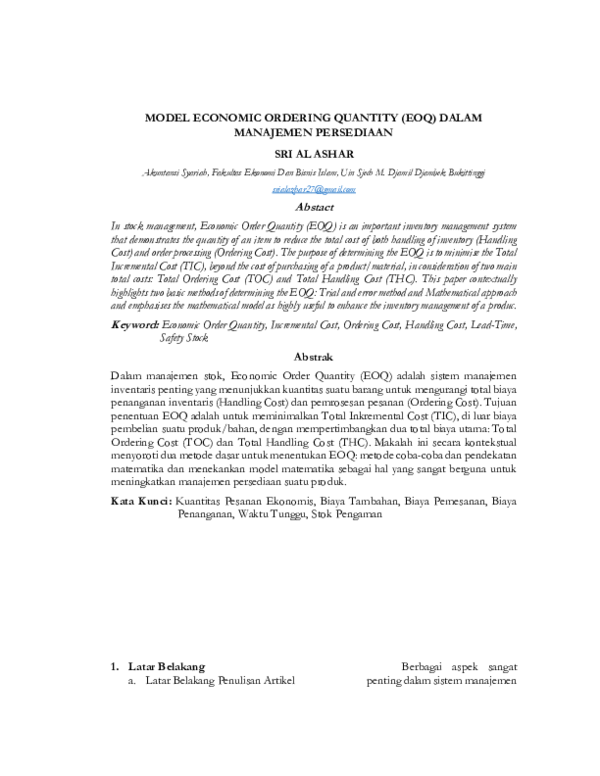 (PDF) MODEL ECONOMIC ORDERING QUANTITY (EOQ) DALAM MANAJEMEN PERSEDIAAN