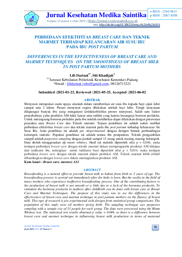 (PDF) Perbedaan Efektifitas Breast Care dan Teknik Marmet terhadap ...