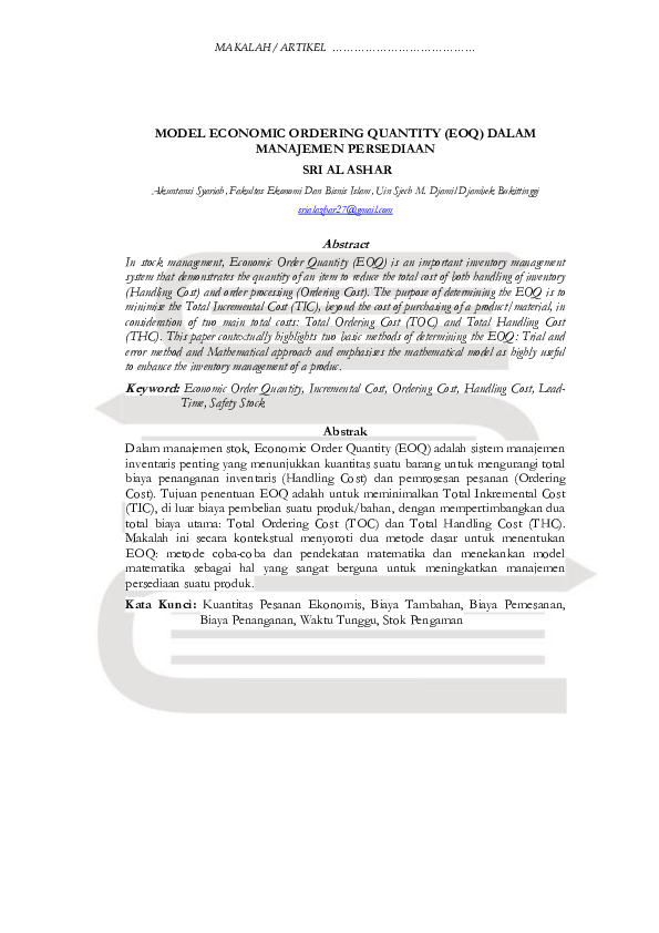 (PDF) MODEL ECONOMIC ORDERING QUANTITY (EOQ) DALAM MANAJEMEN PERSEDIAAN