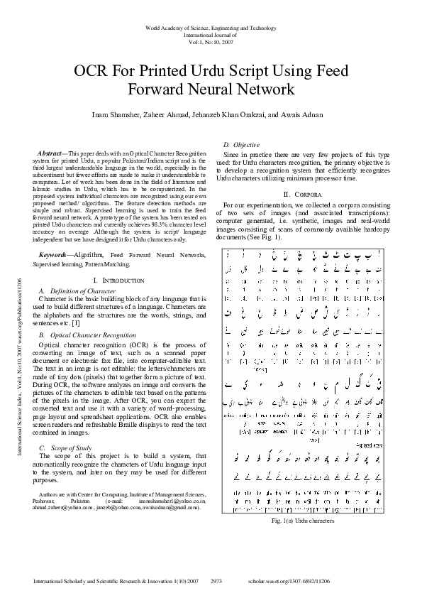 Pdf Ocr For Printed Urdu Script Using Feed Forward Neural Network