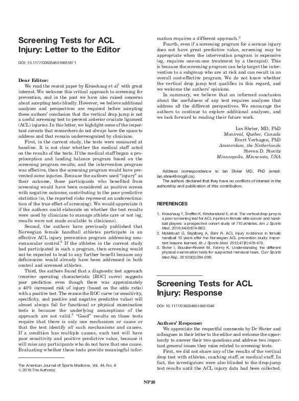 (PDF) Screening Tests for ACL Injury: Letter to the Editor