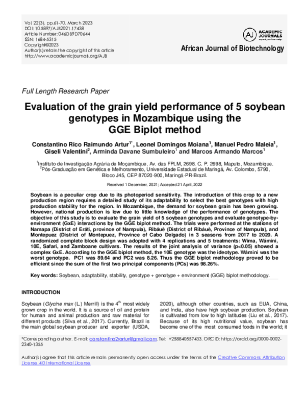 (PDF) Evaluation of the grain yield performance of 5 soybean genotypes in Mozambique using the ...