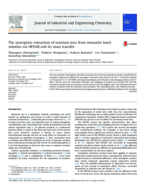 (PDF) The synergistic extraction of uranium ions from monazite leach ...