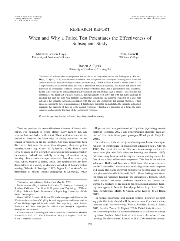 (PDF) RESEARCH REPORT When and Why a Failed Test Potentiates the ...