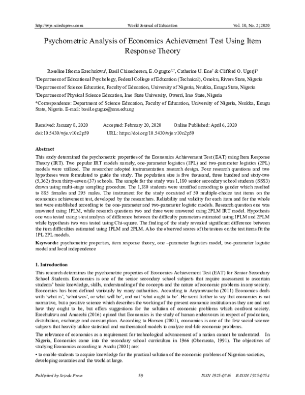 (PDF) Psychometric Analysis of Economics Achievement Test Using Item ...