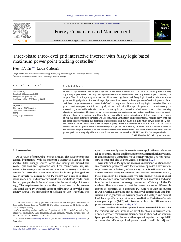 Pdf Three Phase Three Level Grid Interactive Inverter With Fuzzy Logic Based Maximum Power