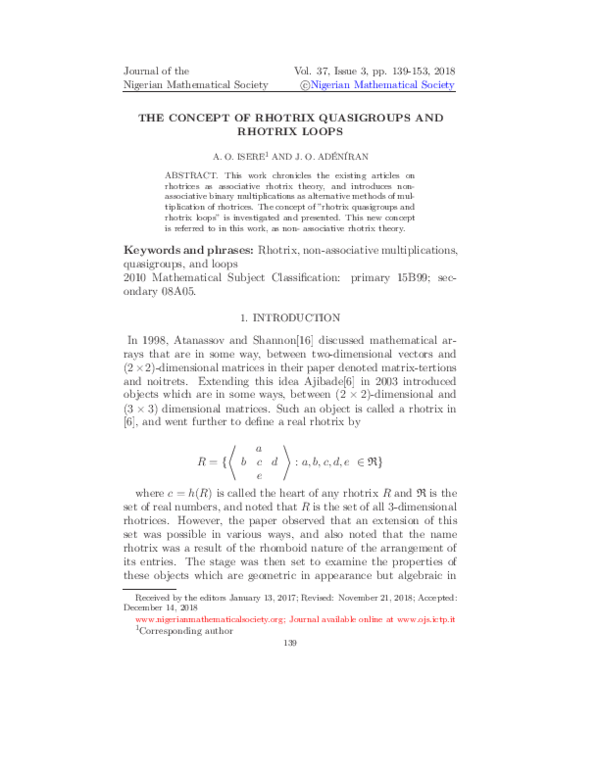 (PDF) The Concept of Rhotrix Quasigroups and Rhotrix Loops